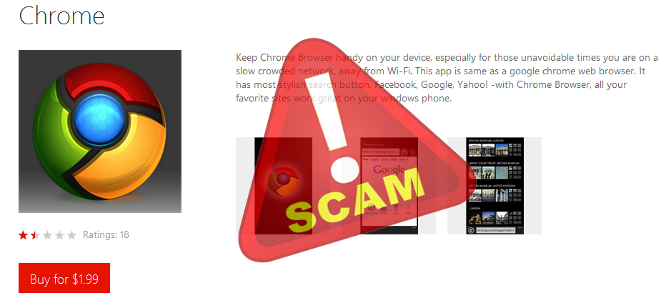 PSA: Chrome Browser scam alert in Windows Phone Marketplace | Windows ...