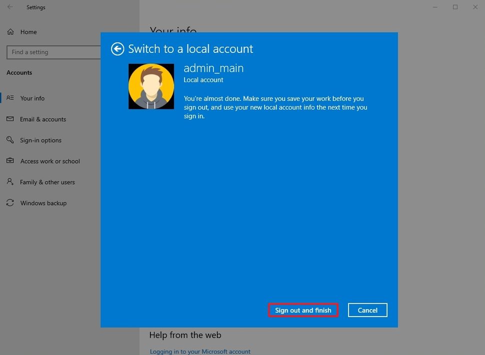 How to switch to a local account from a Microsoft account on Windows 10 ...