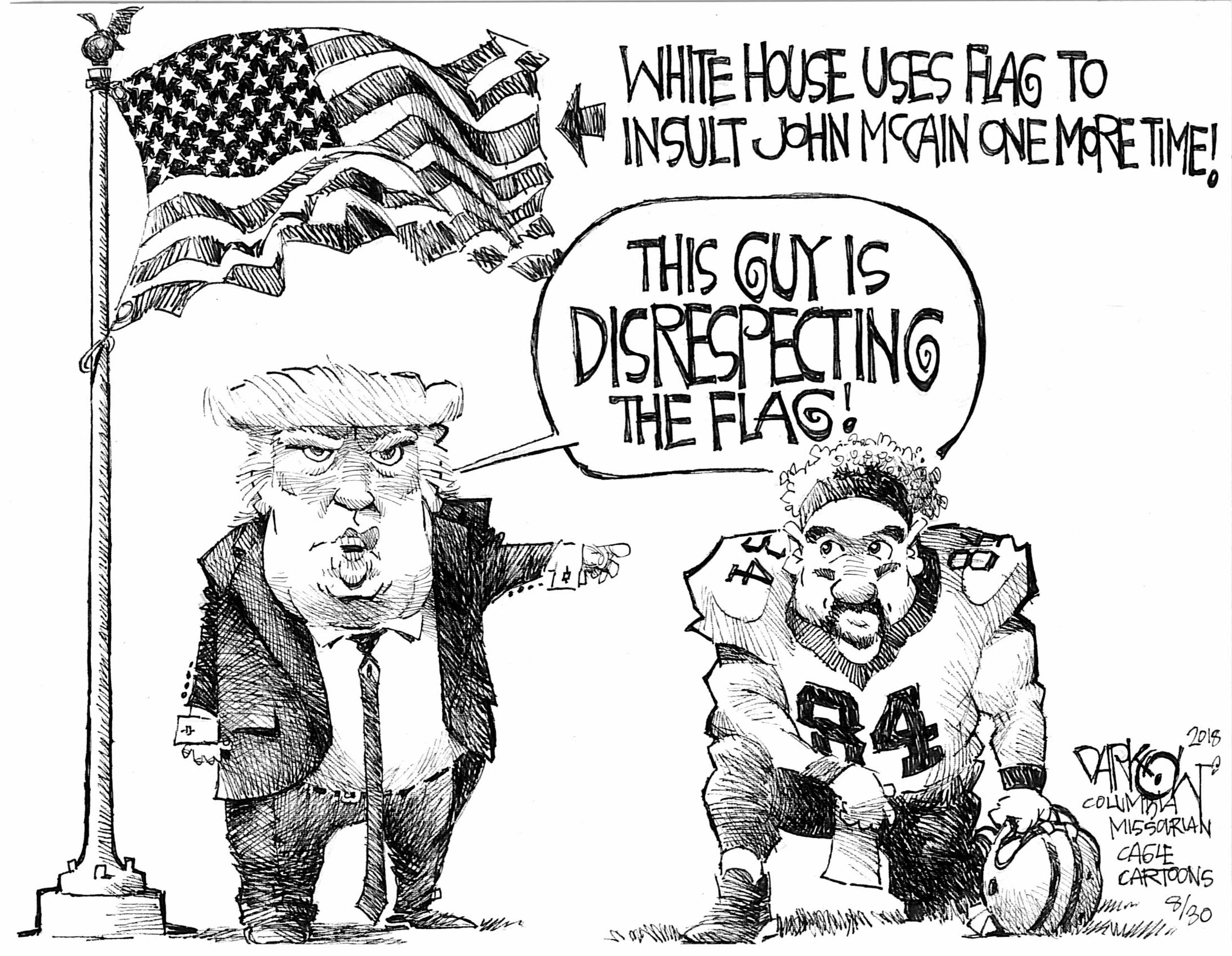 Political cartoon U.S. NFL players kneeling half-staff flag disrespect ...