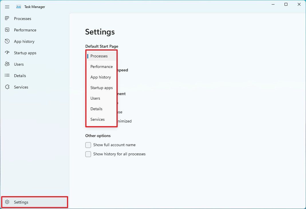 How to change the Task Manager default startup page on Windows 11 ...