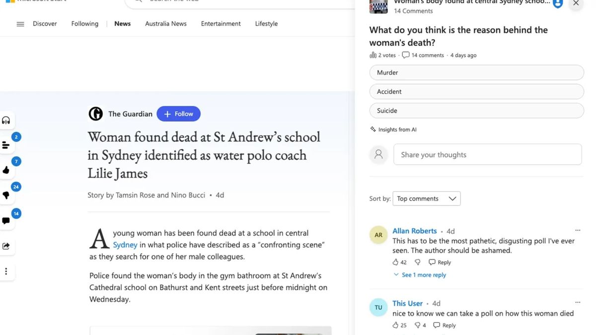 AI-generated MSN poll asks readers to vote on how a woman died ...
