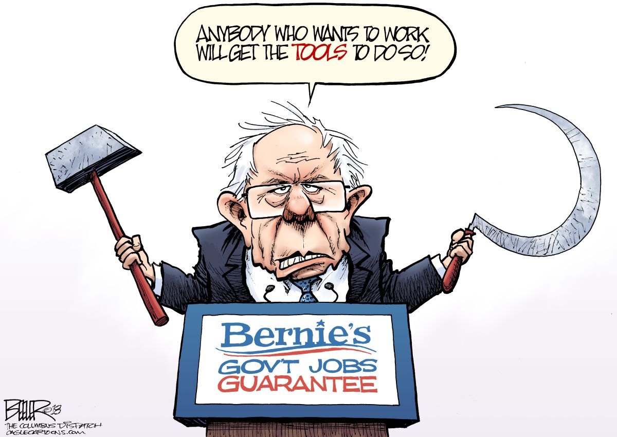 Political cartoon U.S. Bernie Sanders job guarantee hammer and sickle ...