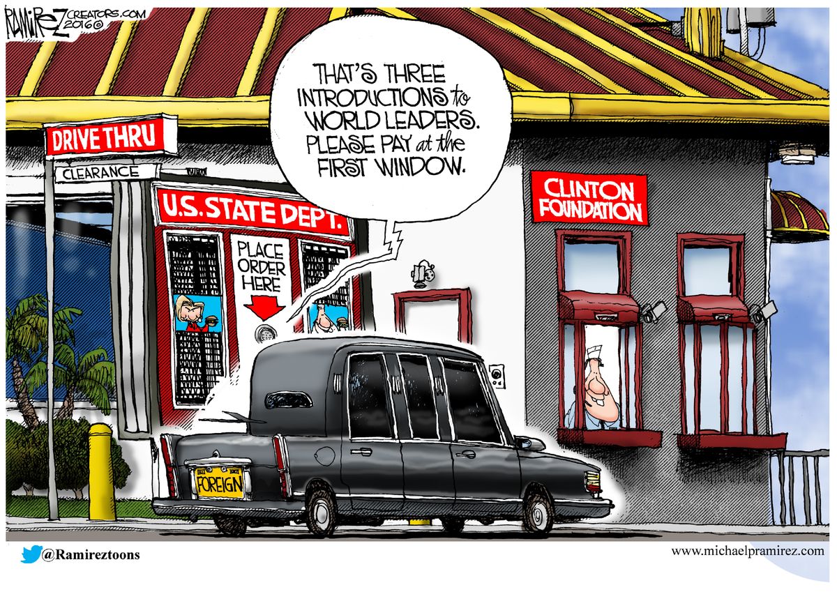 Political cartoon US Clinton foundation drive through | The Week