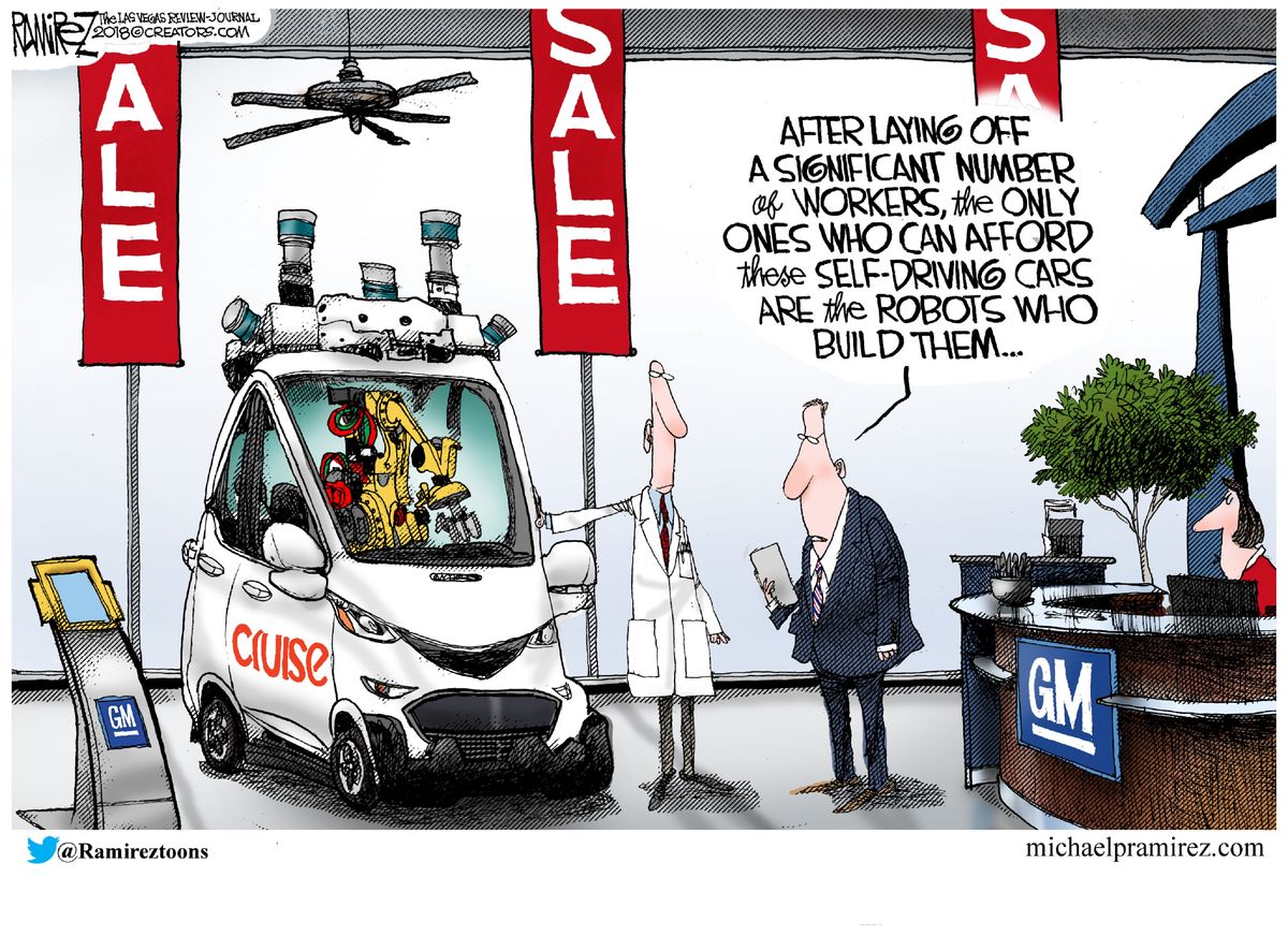 Editorial cartoon U.S. GM layoffs plant closure self-driving car robots ...