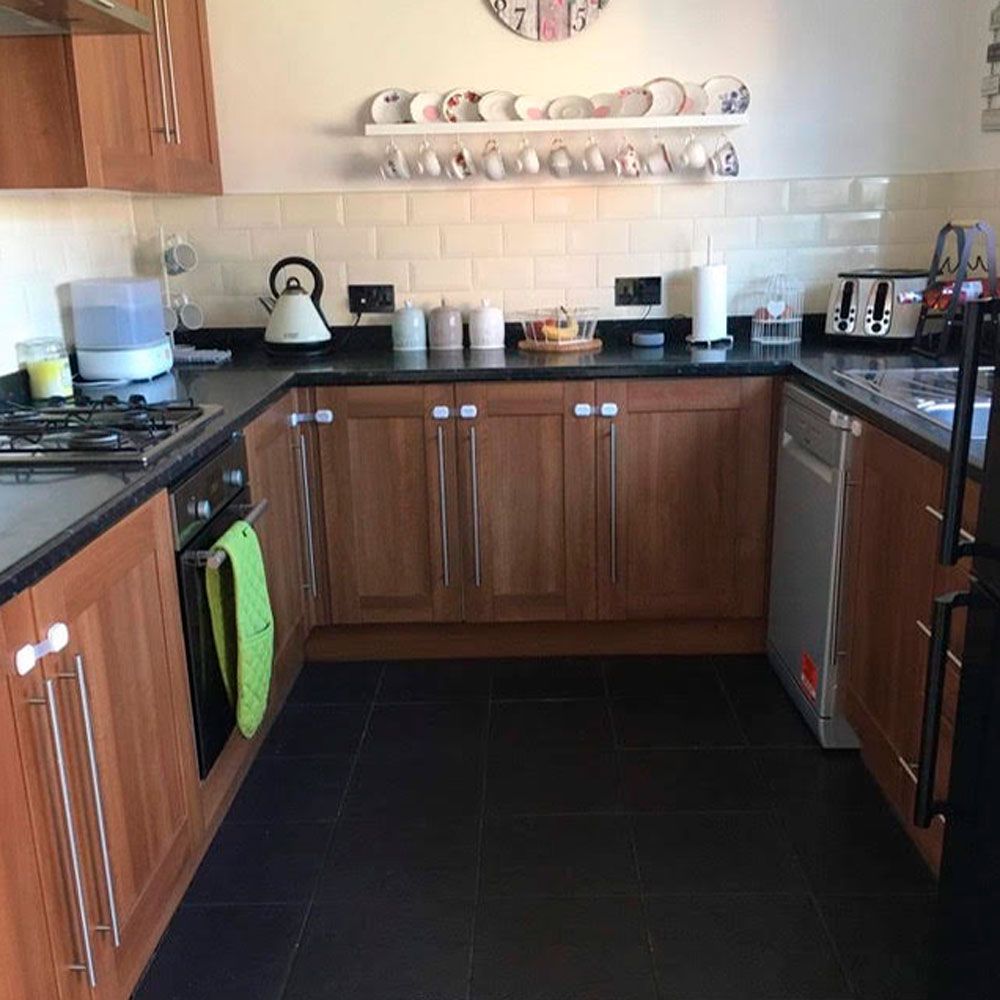Before and after: grey kitchen with DIY Fablon worktops and stencilled ...