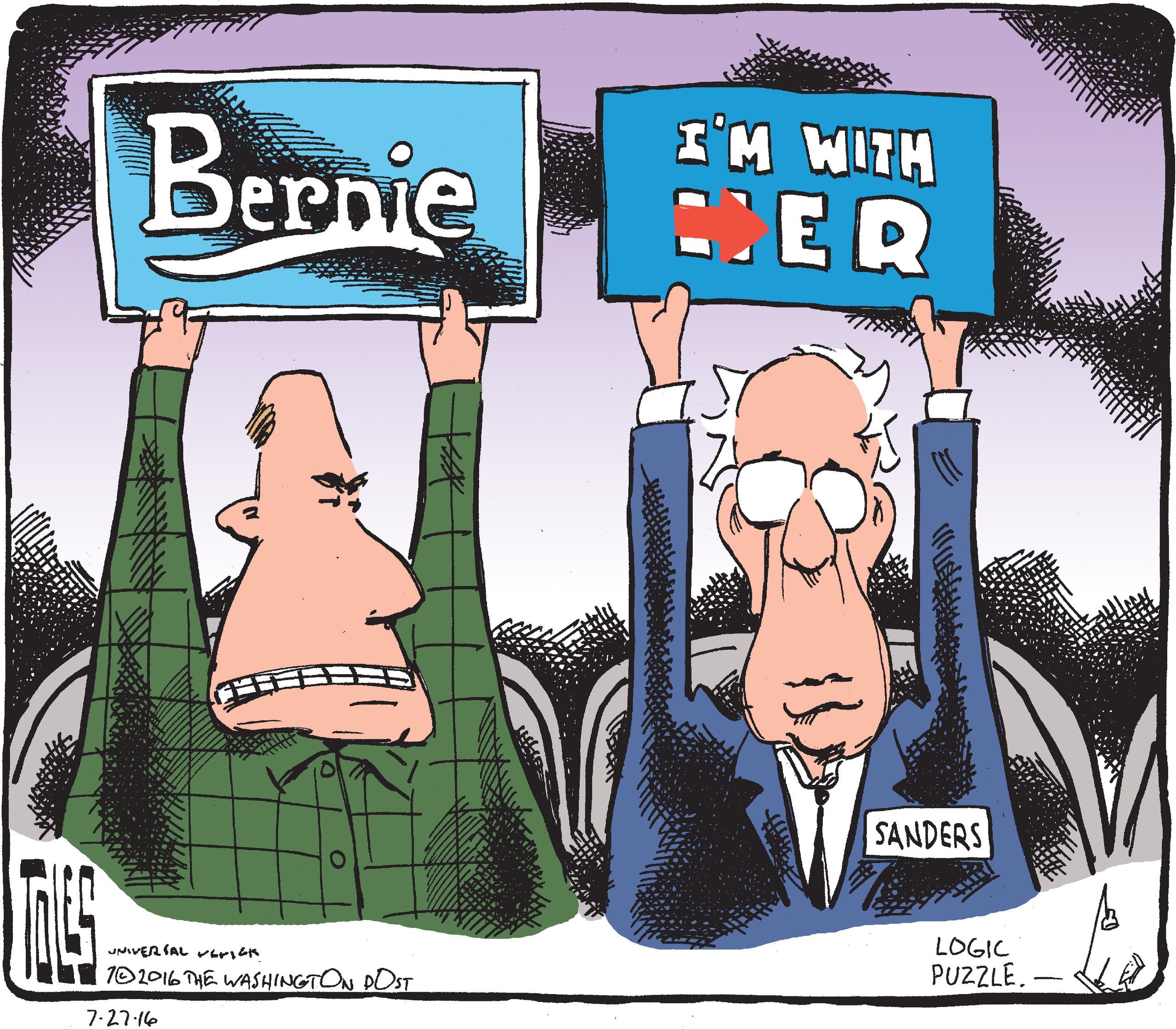 Political cartoon U.S. Bernie and his supporters different signs | The Week
