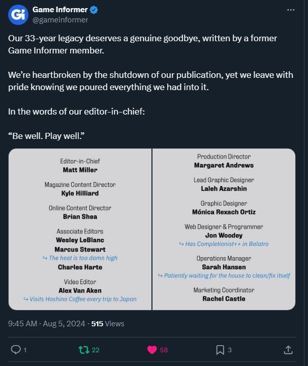 'Our 33-year legacy deserves a genuine goodbye': Game Informer staff ...