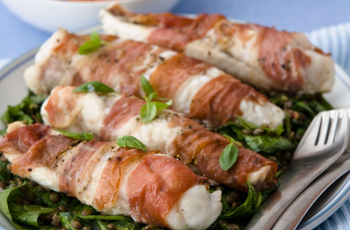 Prosciutto-wrapped monkfish with warm lentil salad Recipes | GoodtoKnow