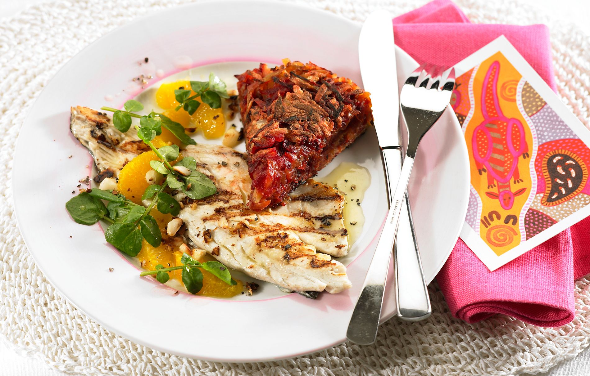 Sea bass with beetroot rosti Recipes | GoodtoKnow