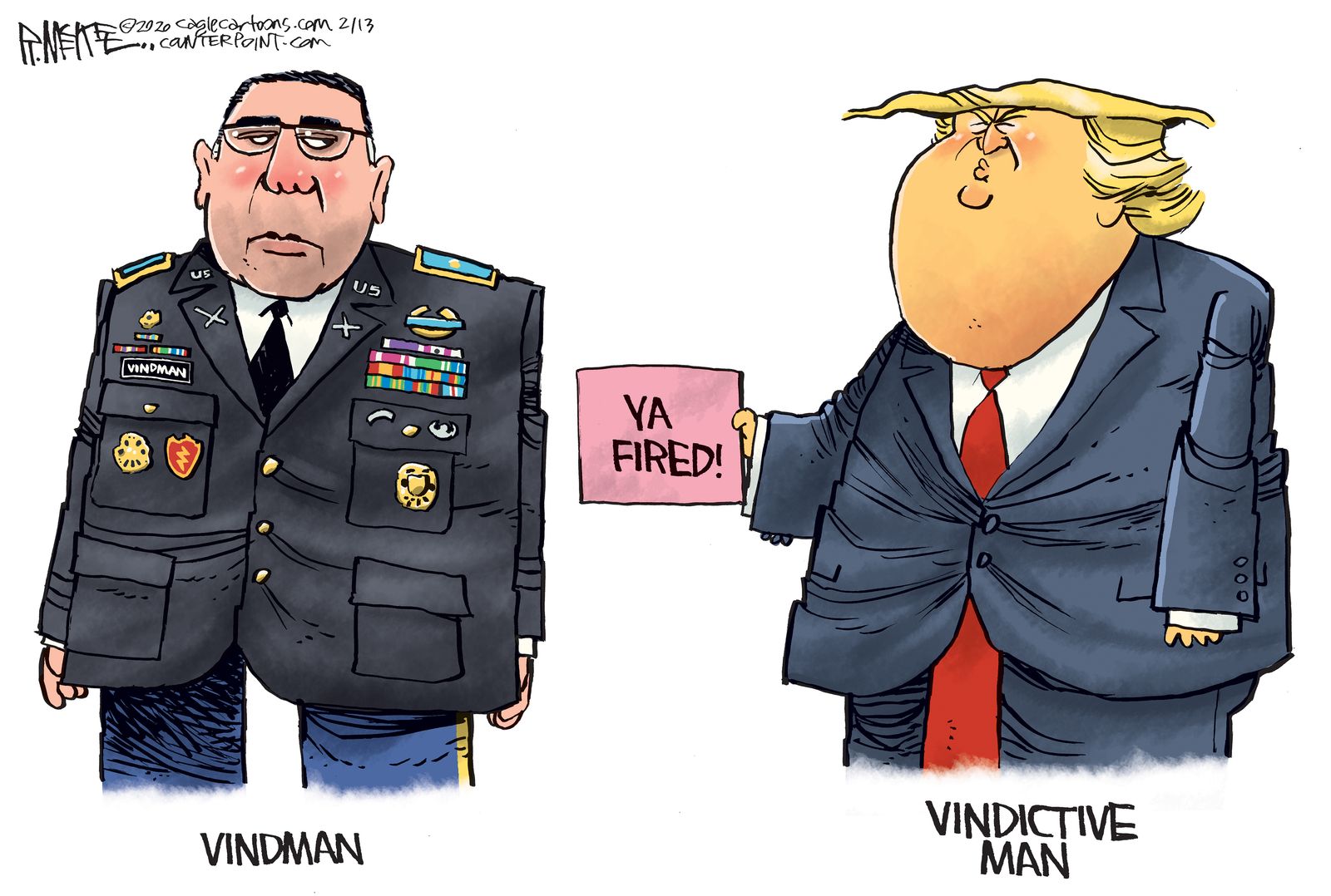 Political Cartoon U.S. Vindman testimony fire Trump vindictive | The Week