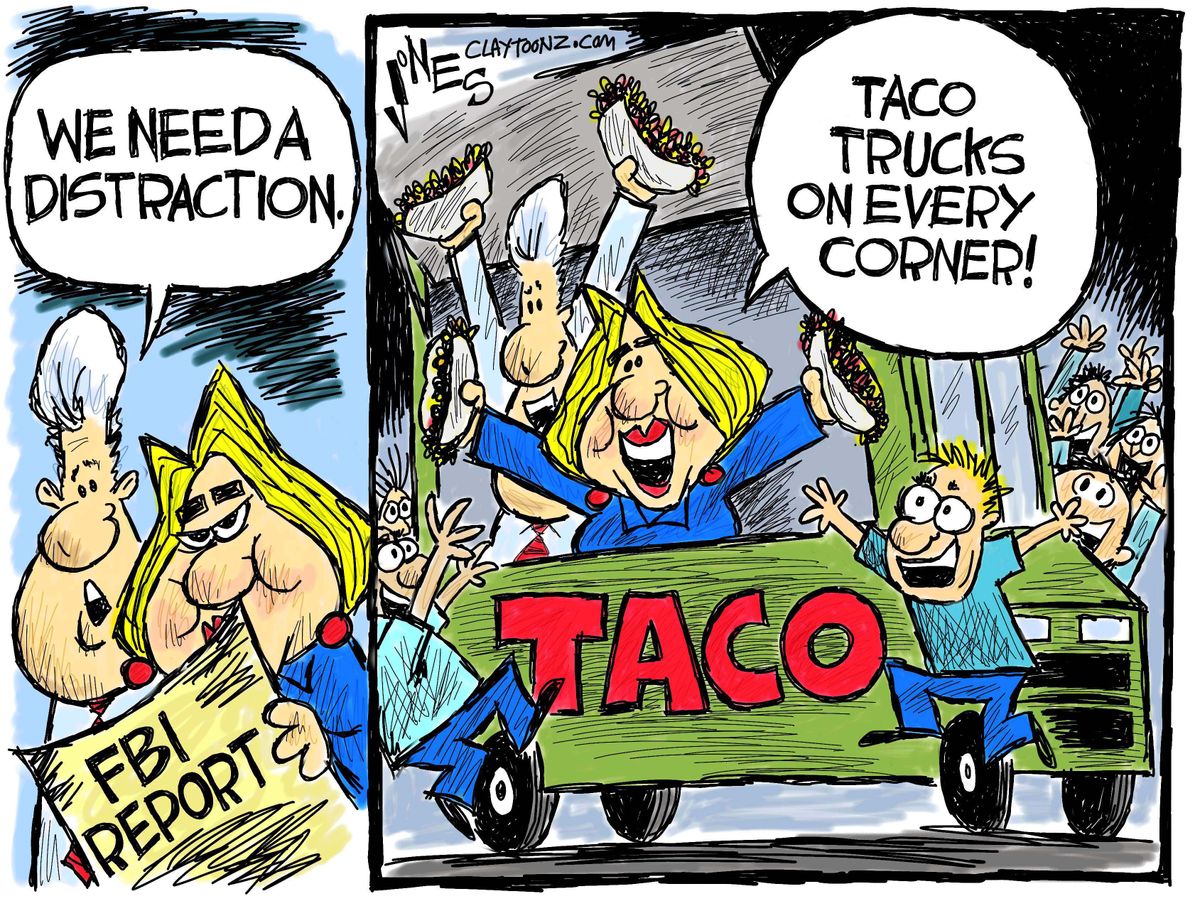 Political cartoon U.S. 2016 election Hillary Clinton taco truck ...