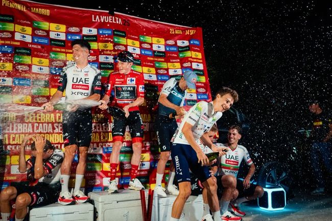 An improvised parking lot podium for Vuelta a España with drink coolers ...