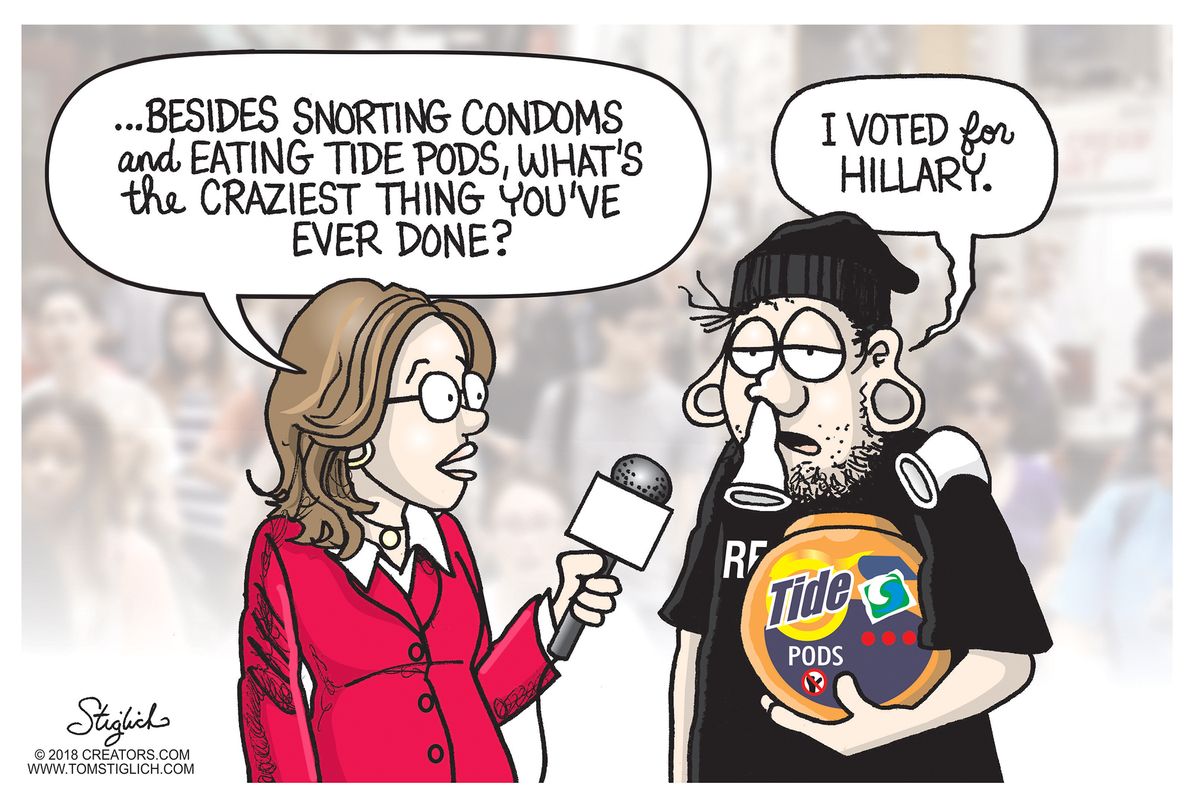Political cartoon U.S. Tide Pod challenge condom challenge Hillary ...