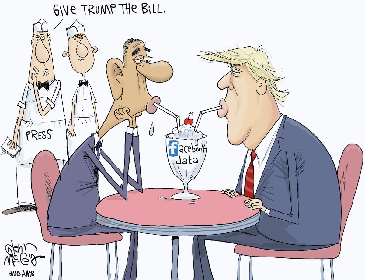 Political cartoon U.S. Trump Obama Facebook data Cambridge Analytica ...