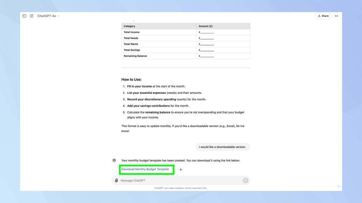 How to build a budget using ChatGPT | Tom's Guide
