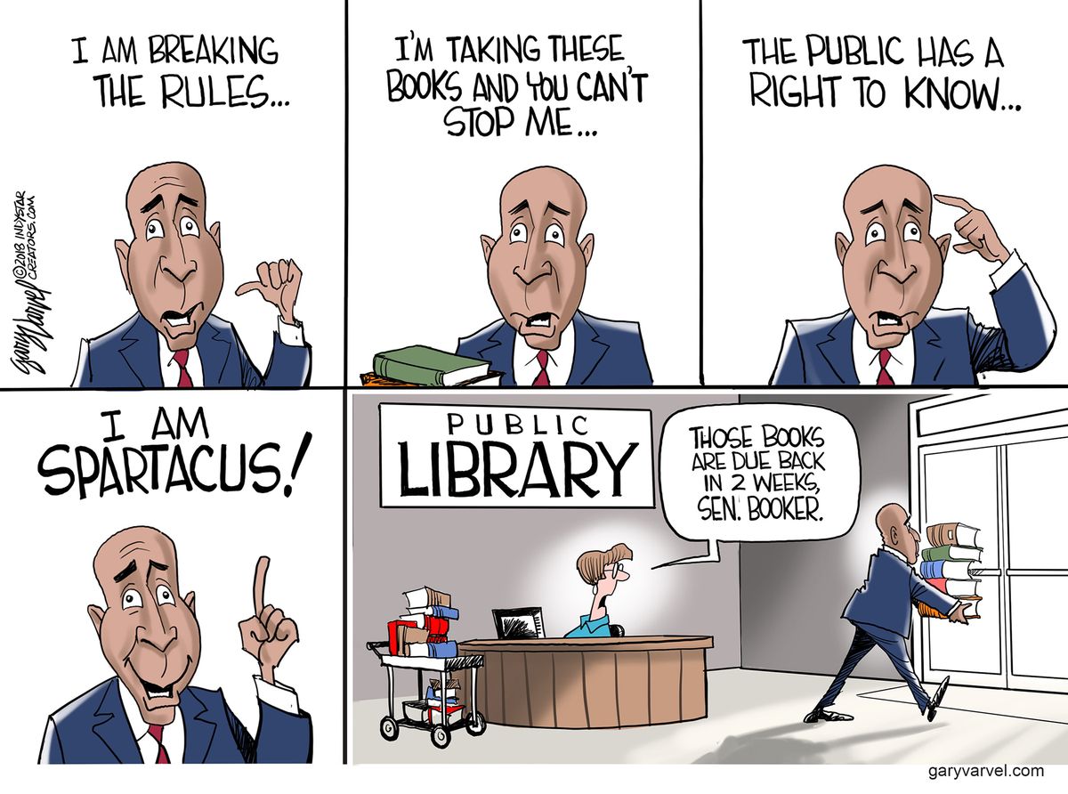 Political cartoon U.S. Cory Booker Spartacus public library | The Week