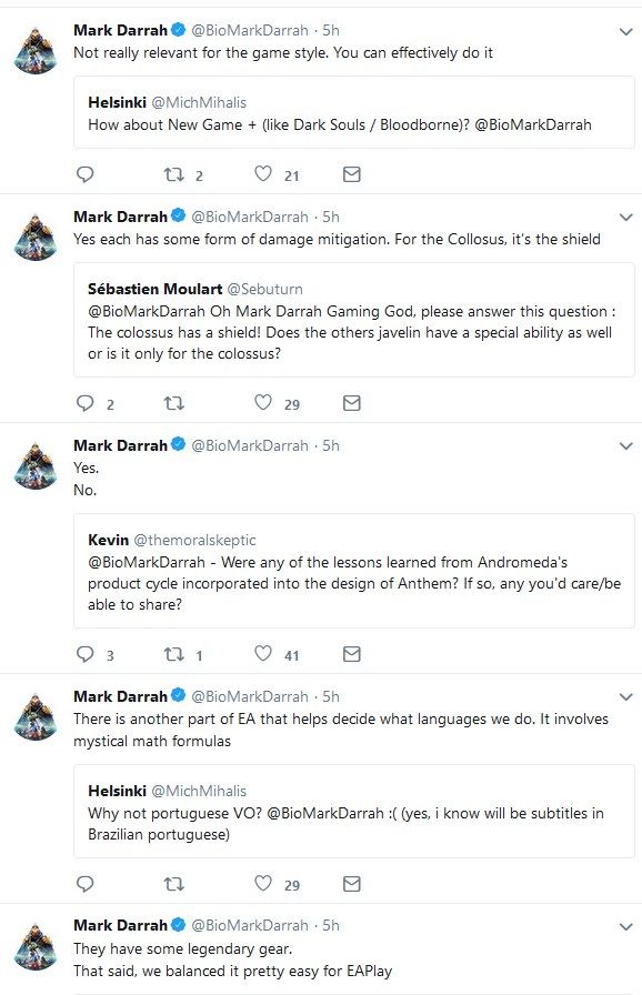 Anthem executive producer Mark Darrah is answering questions on Twitter ...