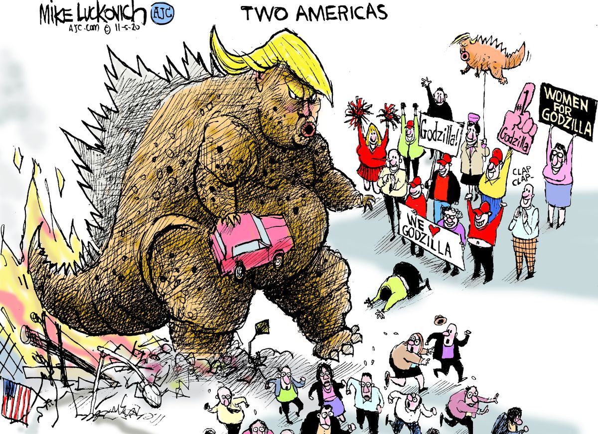 Political Cartoon U.S. Trump Godzilla two Americas | The Week