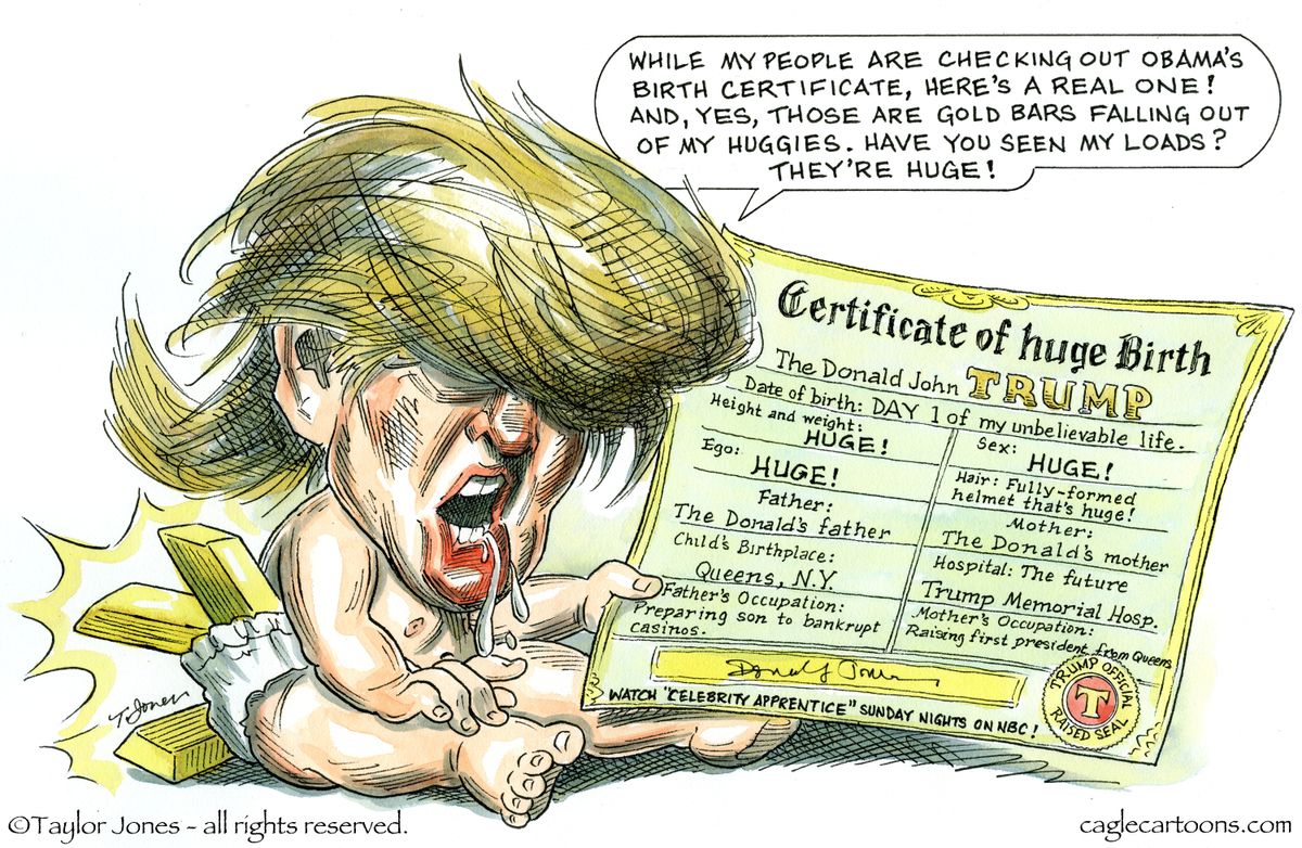 Political cartoon U.S. 2016 election Donald Trump birth certificate ...