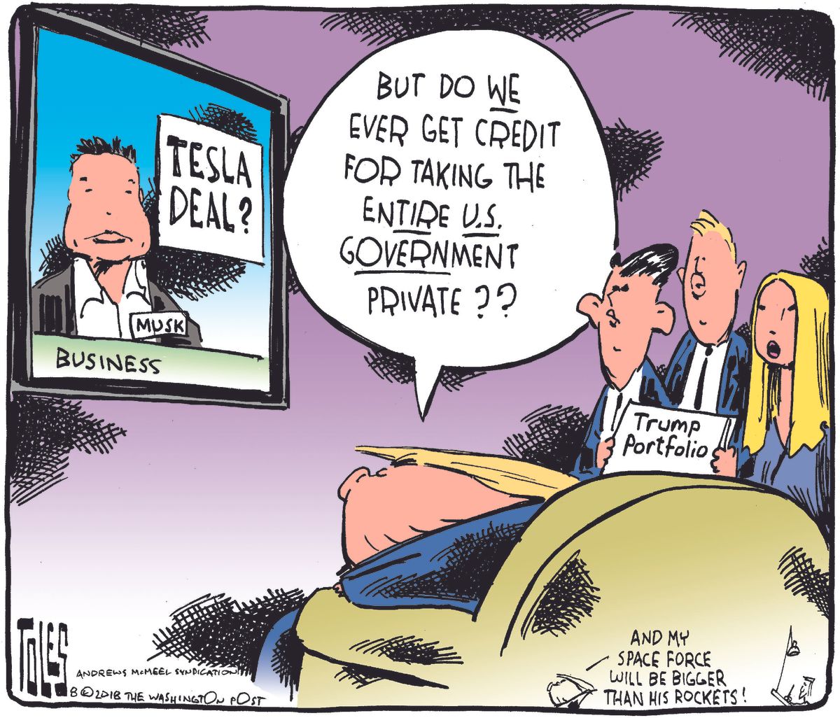 Political cartoon U.S. Trump Elon Musk Tesla government privatization ...
