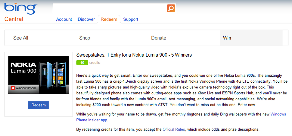 Use your Bing Rewards credits to enter a Lumia 900 contest | Windows ...