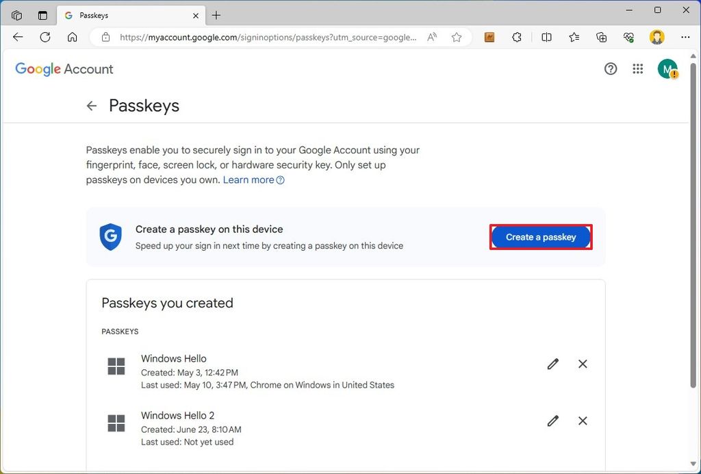 How to create a passkey for your Google account from Windows 11 ...