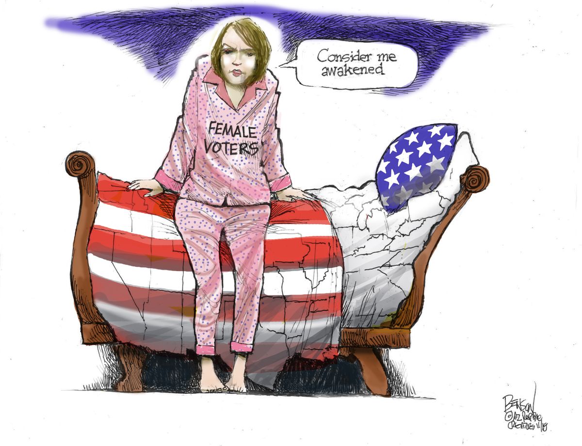 Political cartoon U.S. female voters awakened midterm election | The Week
