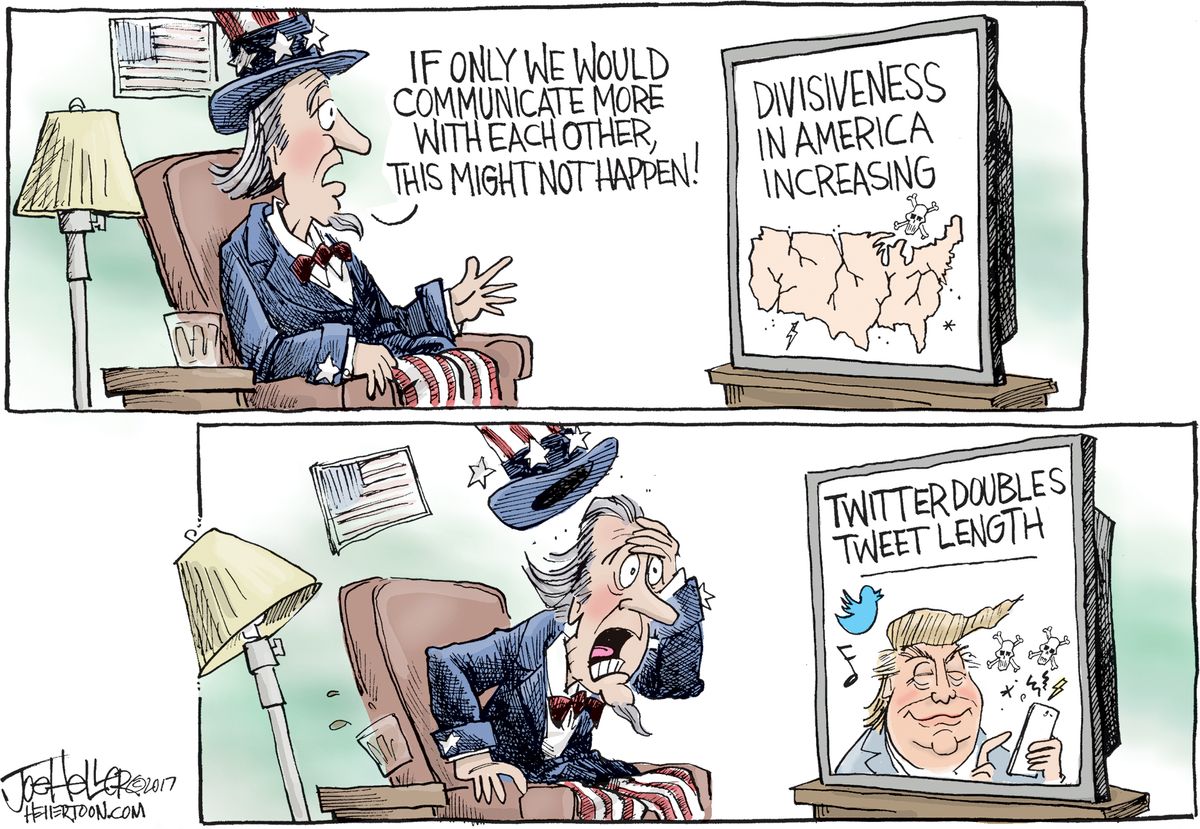 Political cartoon U.S. Trump tweets Twitter technology unity | The Week
