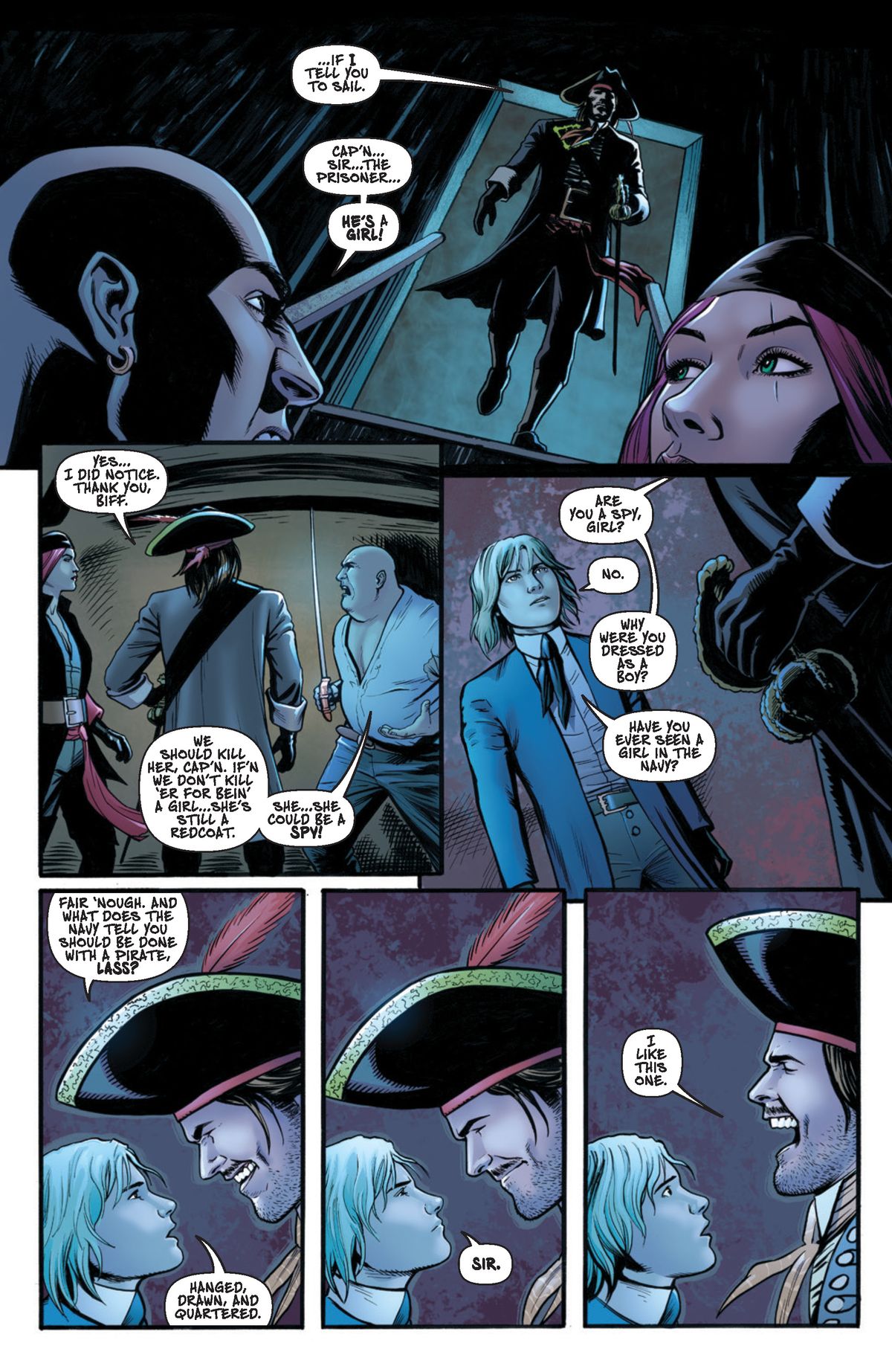 Anne Bonny and Mary Read discovered by their pirate crew in A Man Among ...