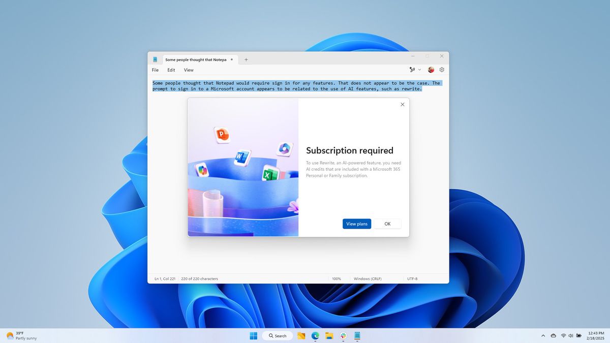 Microsoft puts Notepad's Rewrite feature behind a paywall | Windows Central