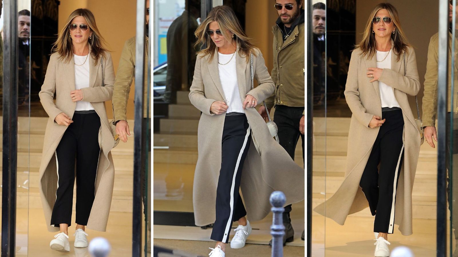 Jennifer Aniston’s cool white trainers and camel coat combination ...
