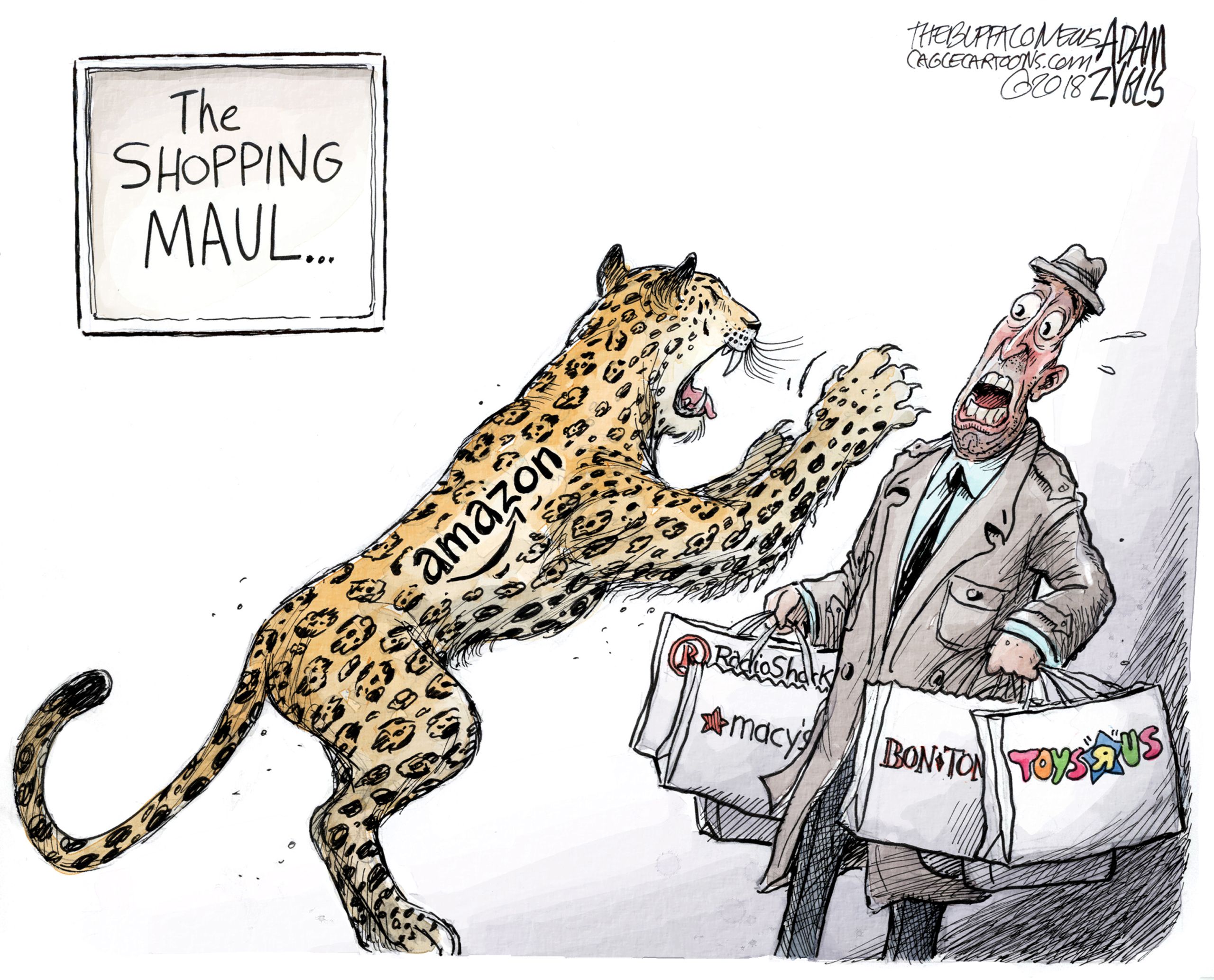 Editorial cartoon U.S. shopping malls Amazon Toys R Us Macy's Radio ...