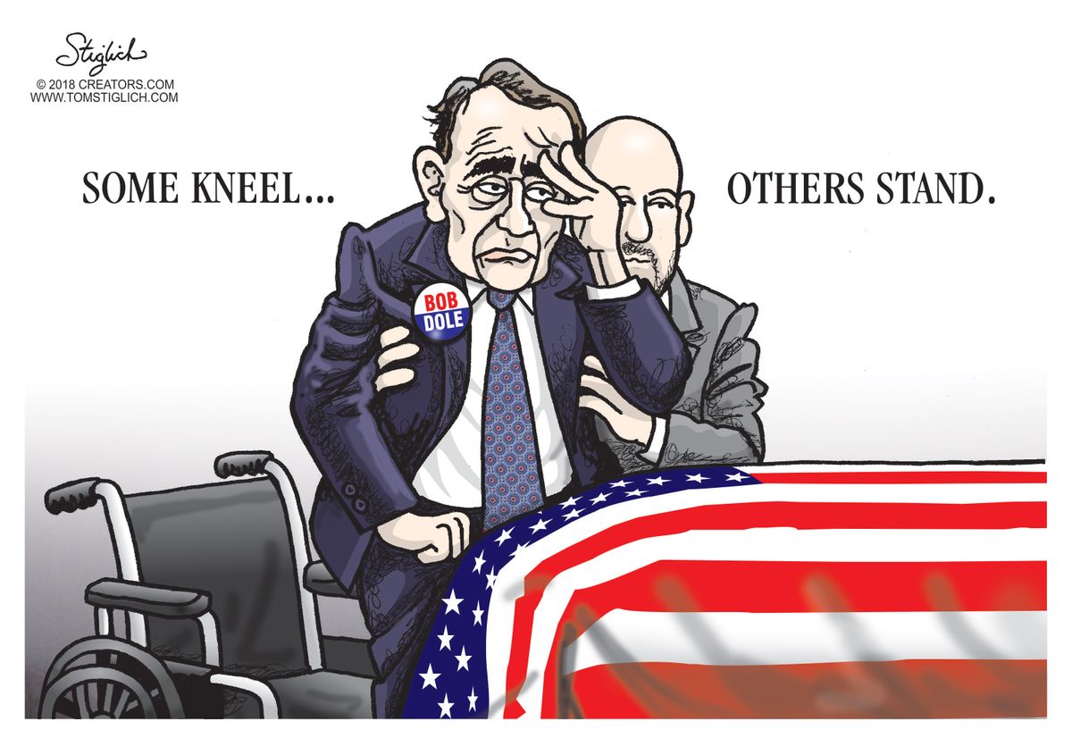 Editorial cartoon U.S. George H.W. Bush casket memorial Bob Dole stand salute wheelchair | The Week