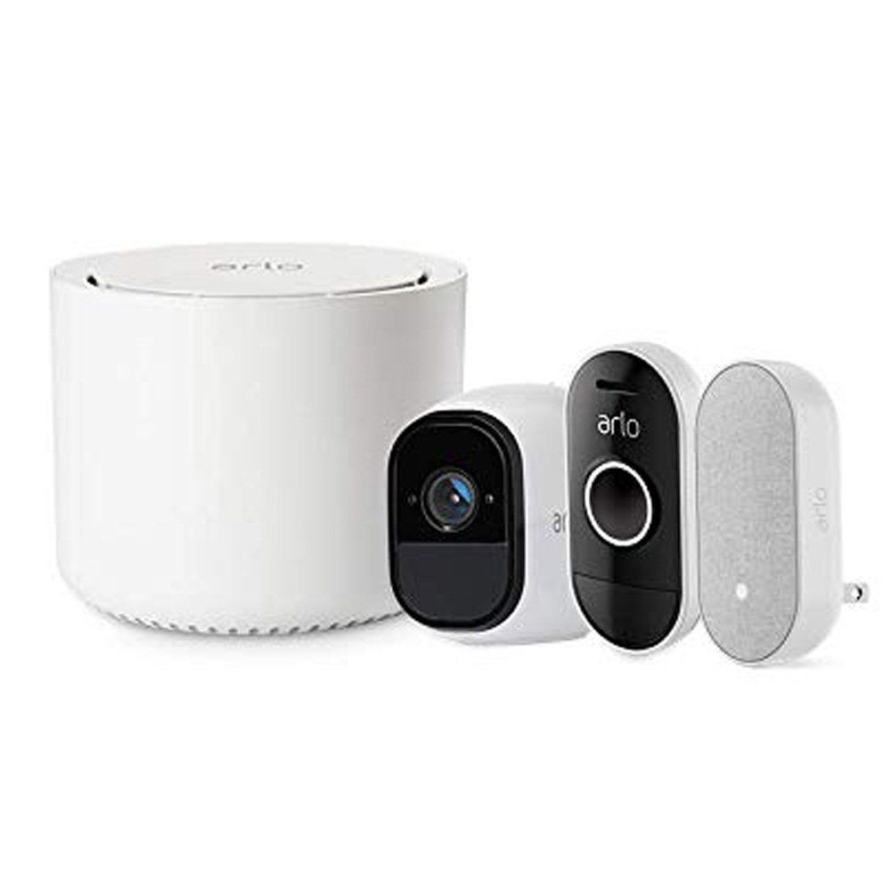 This Arlo Pro home security kit includes a camera, chime, doorbell, and ...
