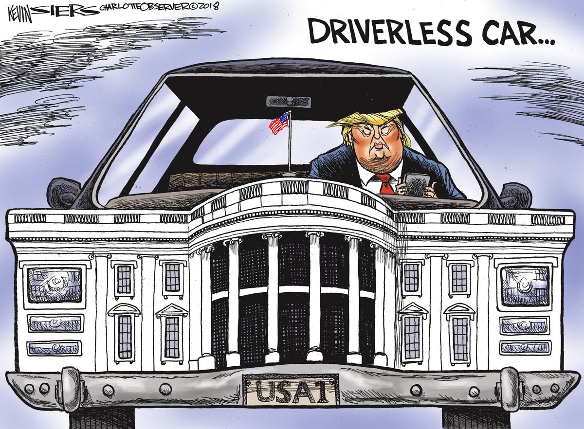 Political cartoon U.S. Trump White House driverless car Uber | The Week