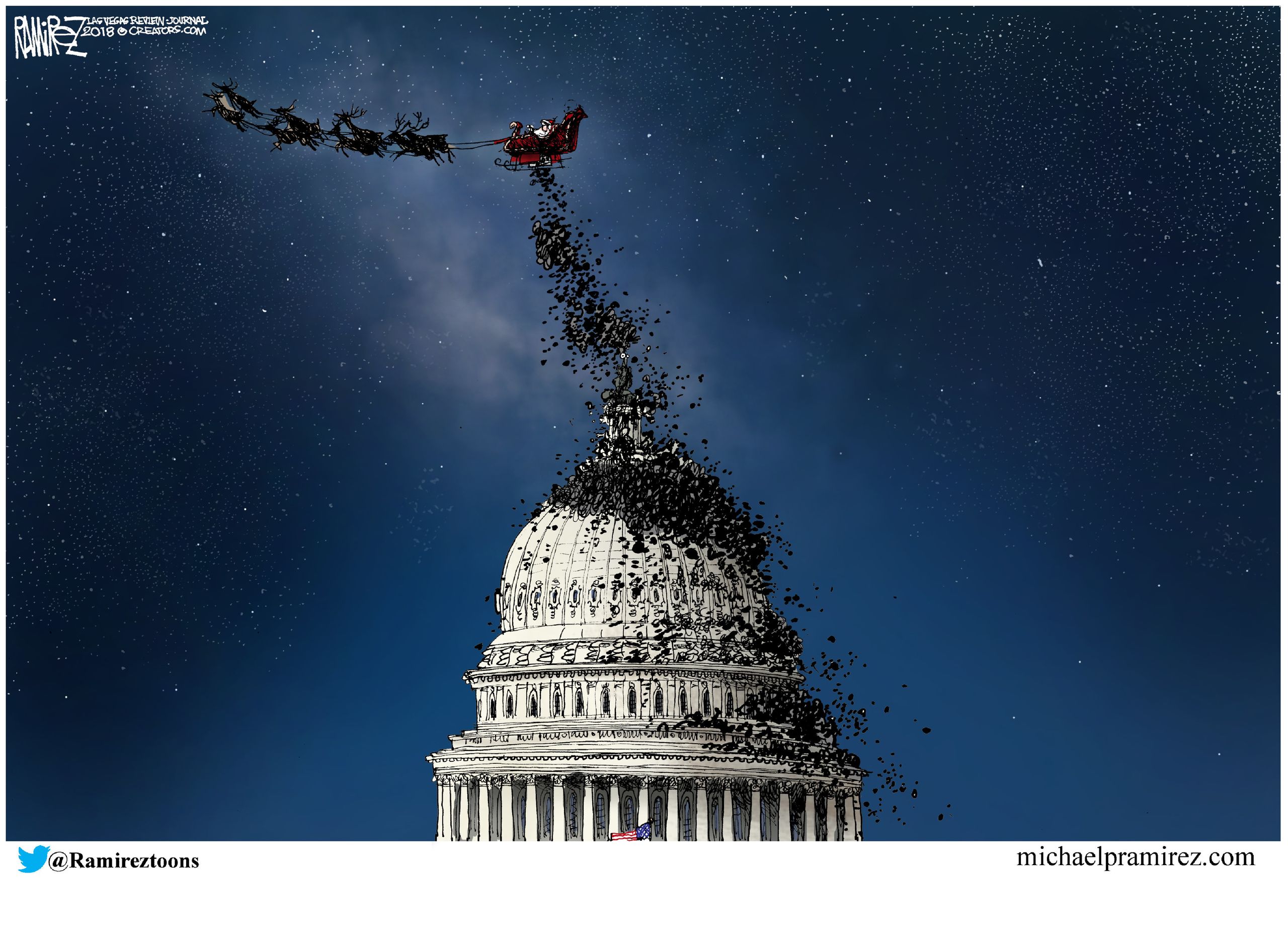 Political cartoon U.S. Christmas Santa's sleigh Capitol Building coal ...