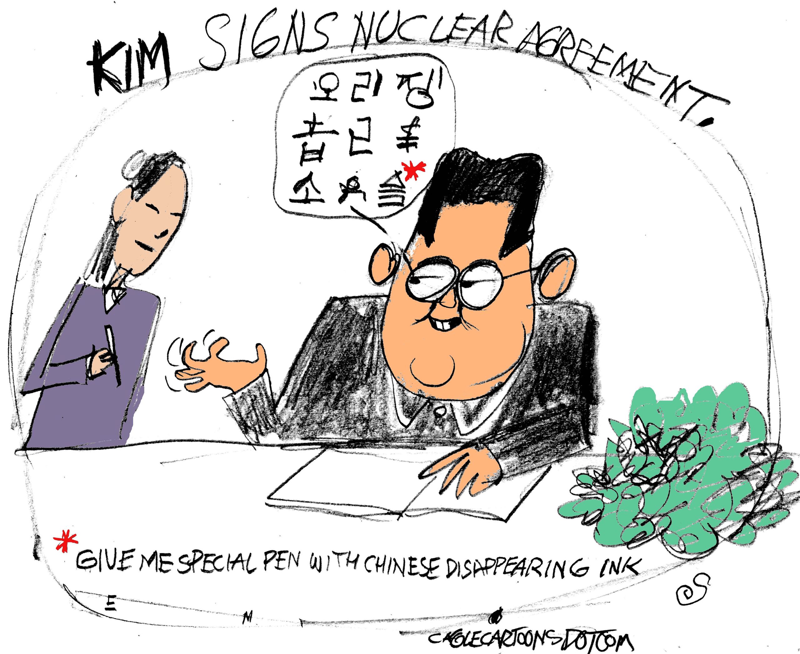Political cartoon U.S. Kim Jong Un Trump North Korea Singapore nuclear ...