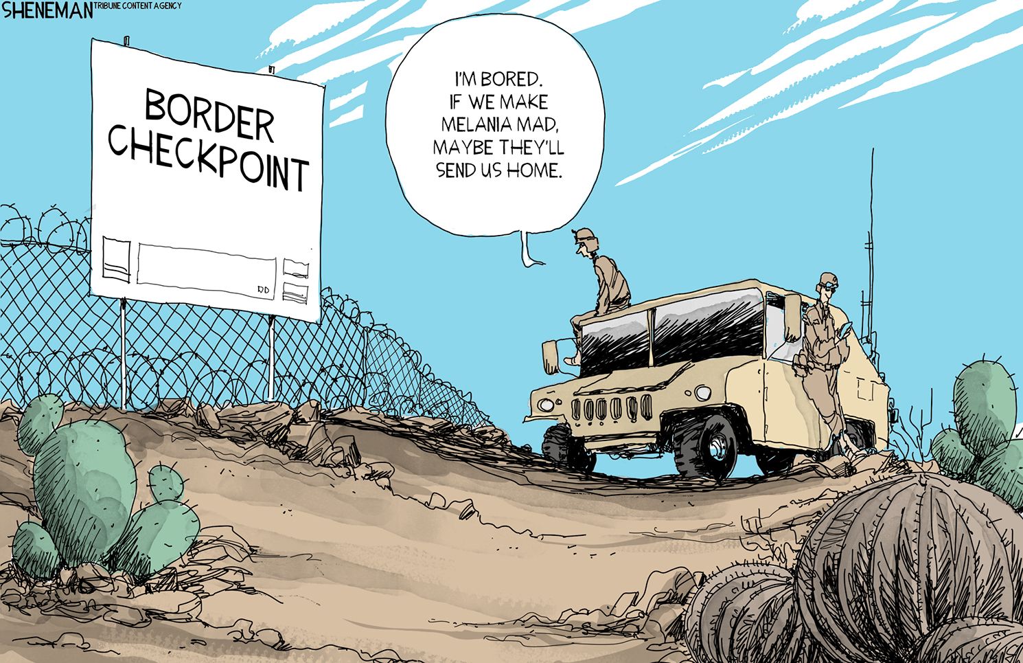 Political cartoon U.S. soldiers Mexico border migrant caravan bored ...