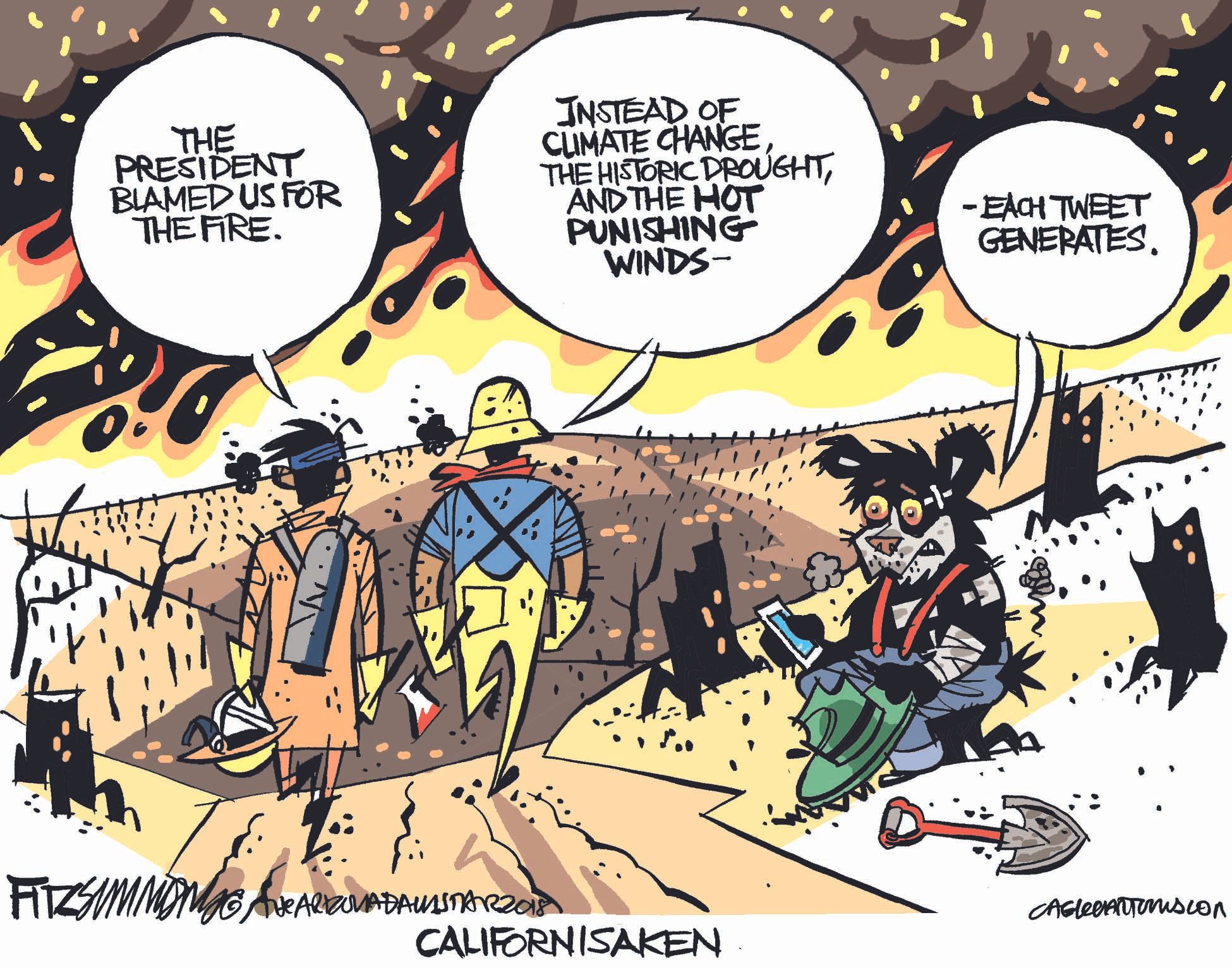 Political cartoon U.S. Trump California fire climate change drought ...