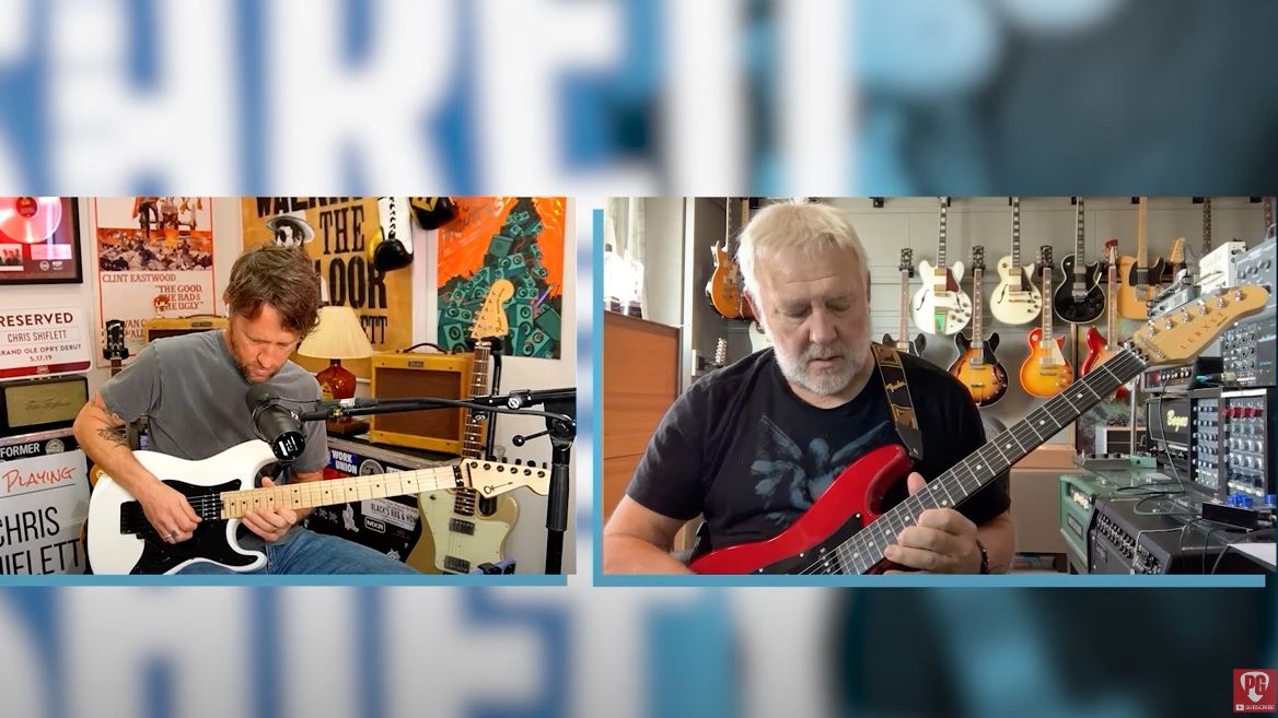 Alex Lifeson teaches Foo Fighters guitarist Chris Shiflett the solo to ...