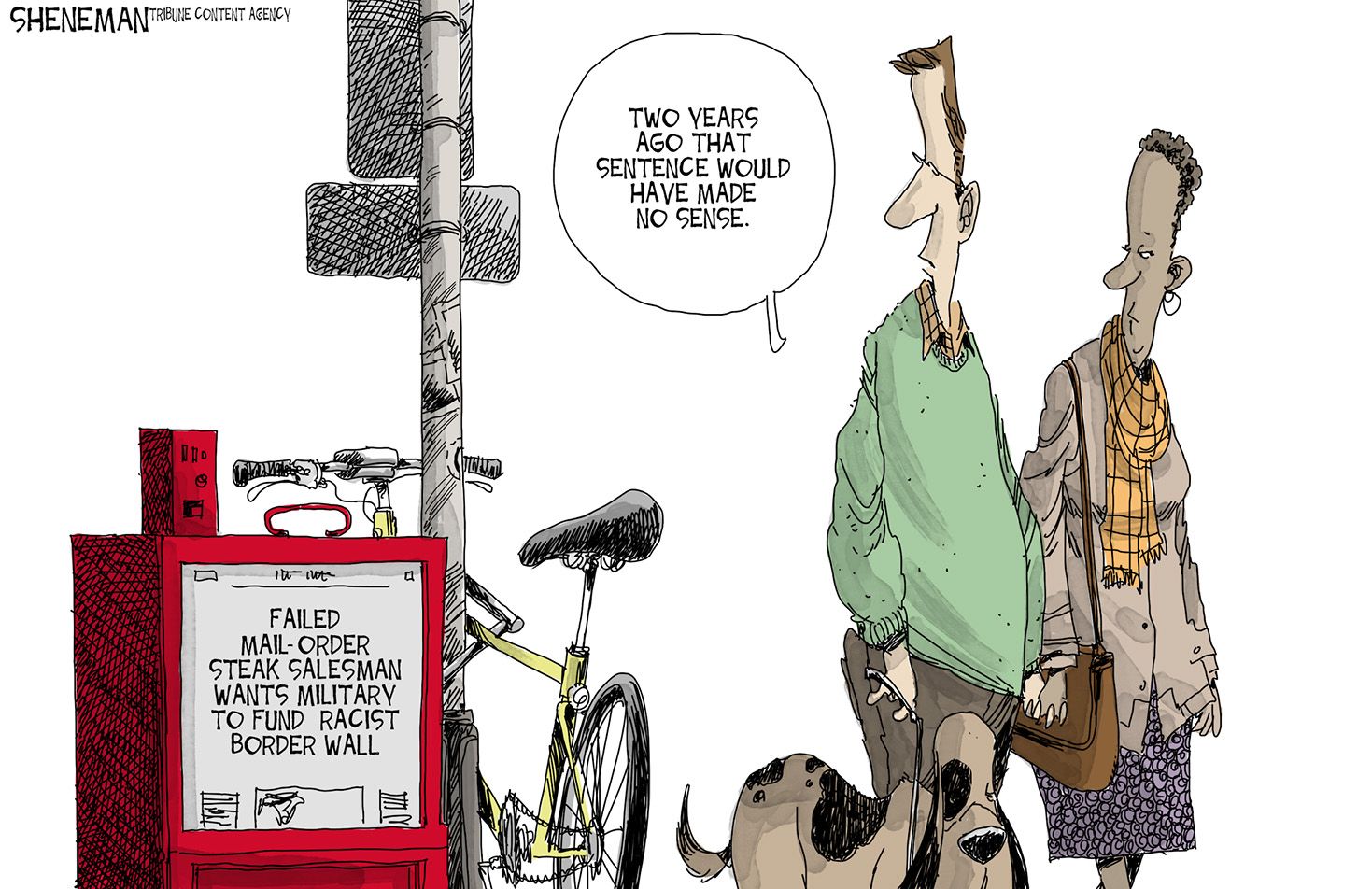 Political cartoon U.S. Trump border wall newspaper | The Week