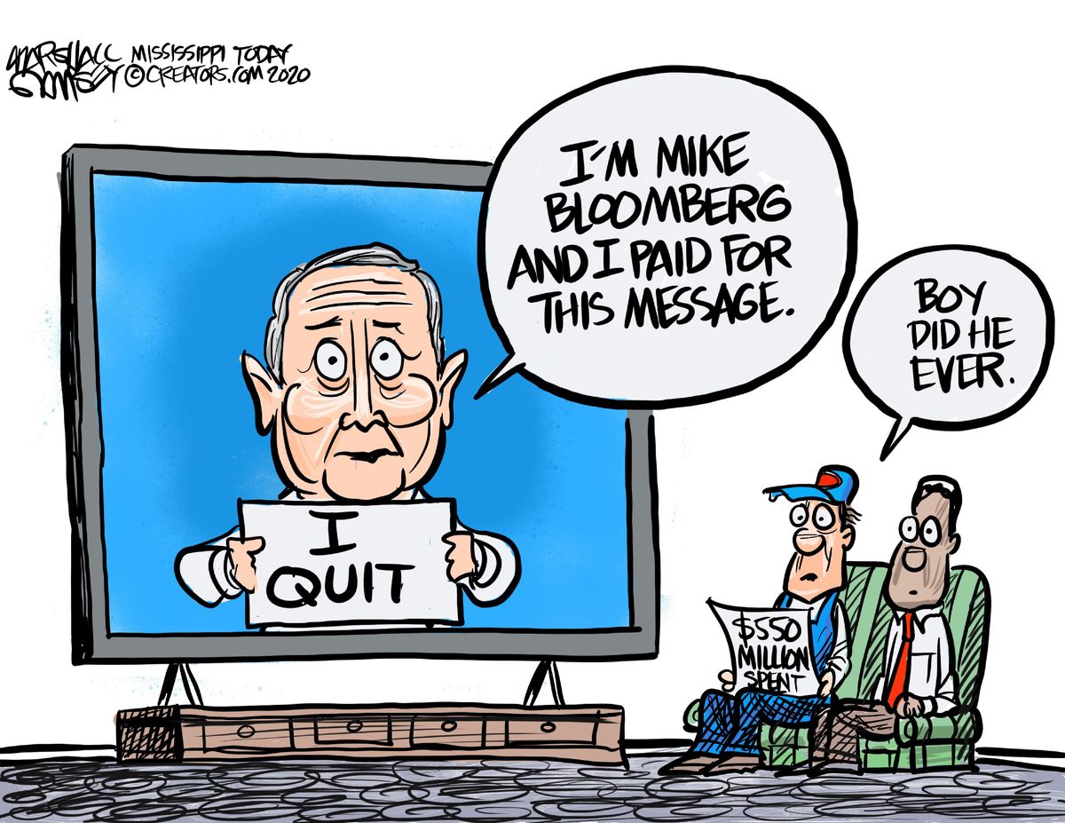 Political Cartoon U.S. Bloomberg drops out approved message TV ad 550 ...