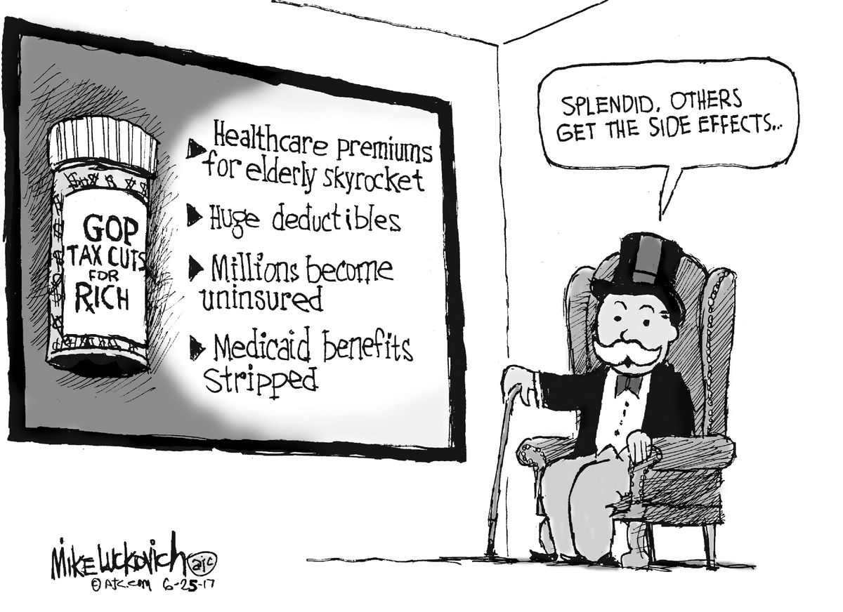Political cartoon U.S. Senate health care reform Monopoly tax cuts rich ...