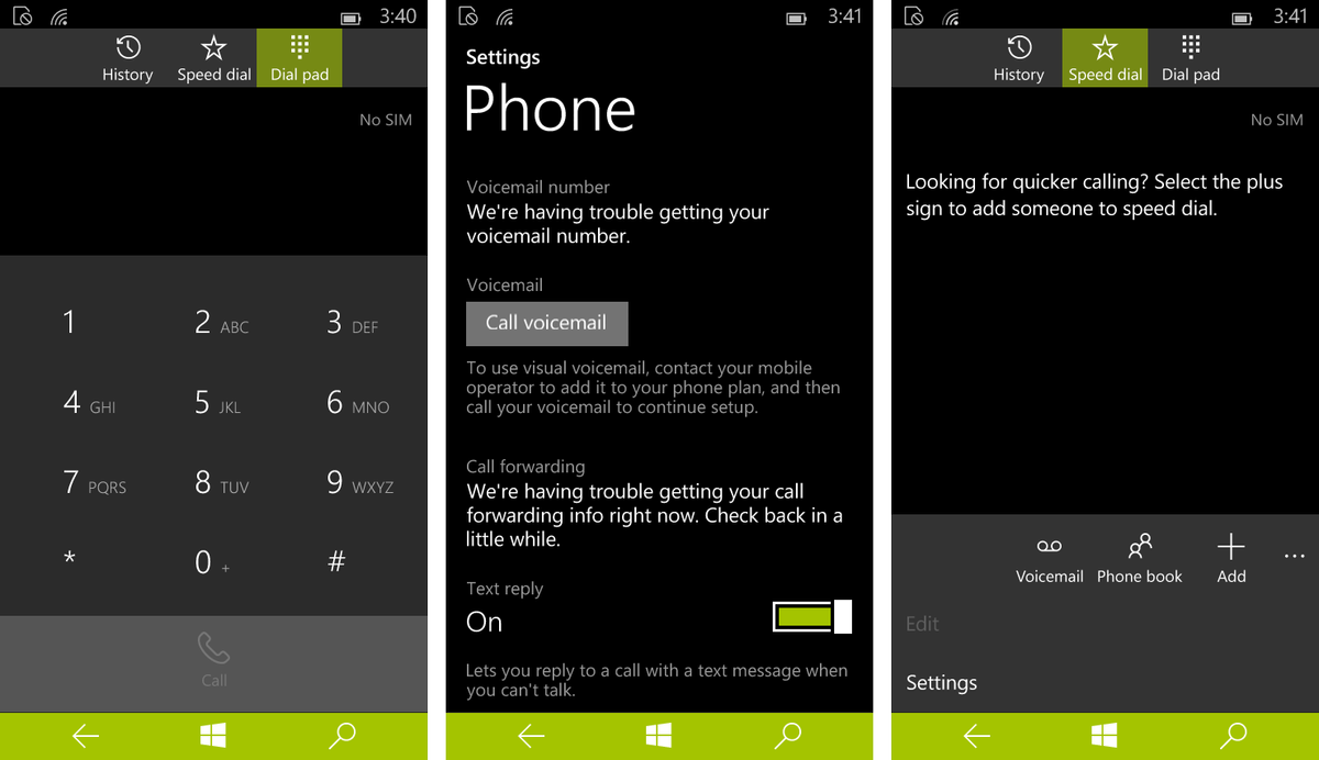 Here are some screenshots from Windows 10 for phone build 10051 ...