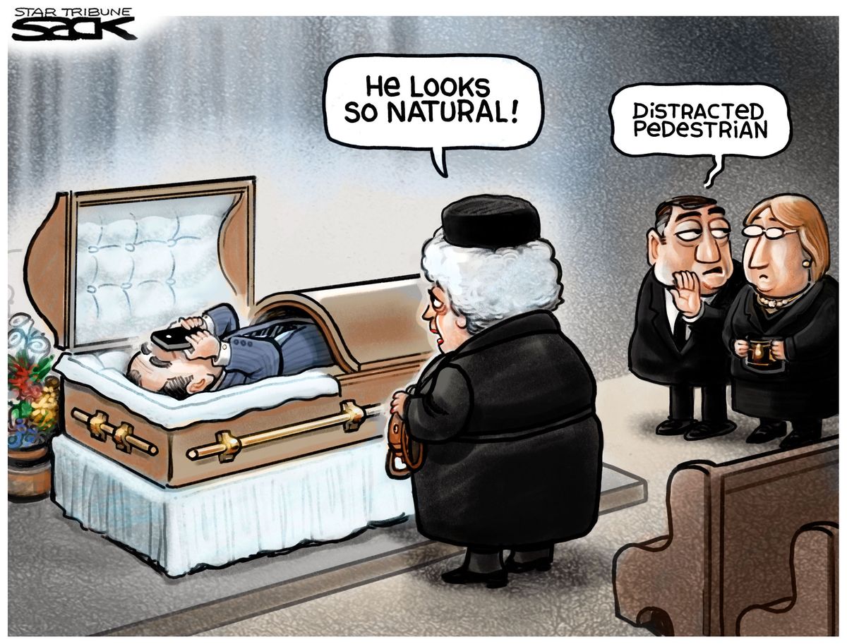 Political Cartoon U.S. Texting walking distracted pedestrian dangers ...