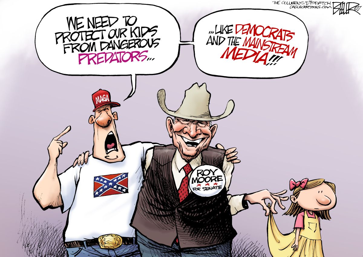 Political cartoon U.S. mass shootings media sexual harassment Roy Moore ...