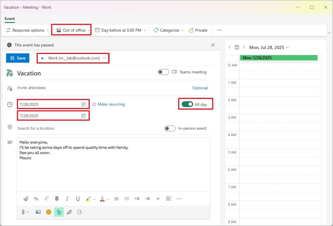 How to create an Outlook 'Out of Office' calendar entry | Windows Central