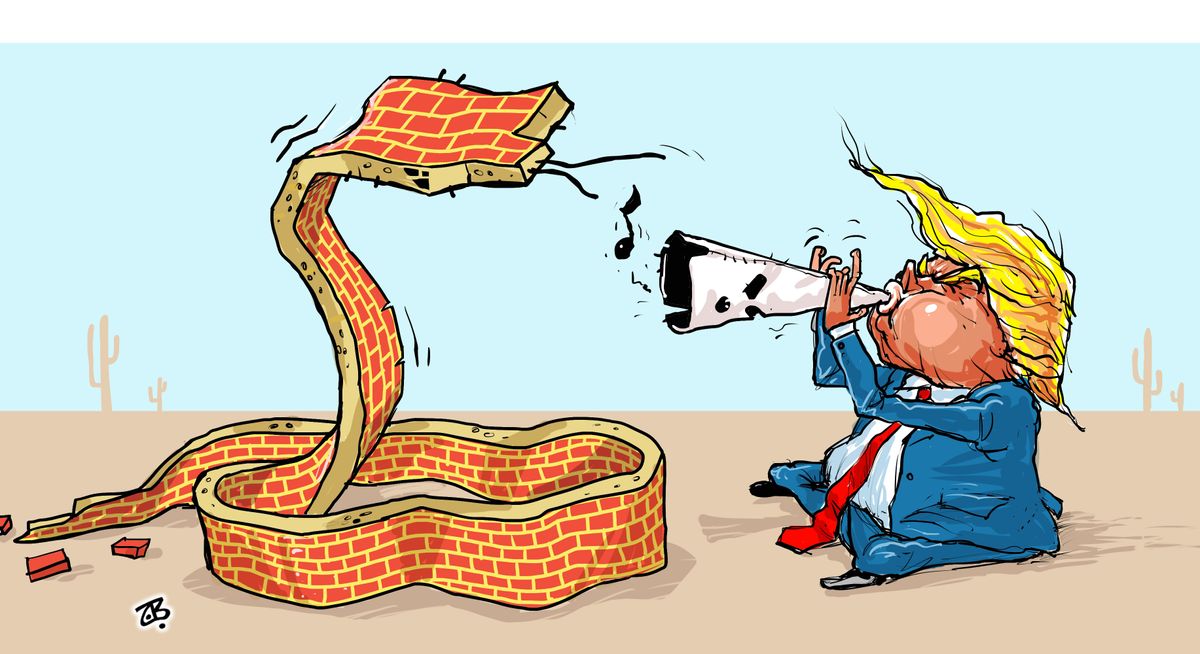 Political cartoon U.S. Trump wall snake charmer government shutdown ...