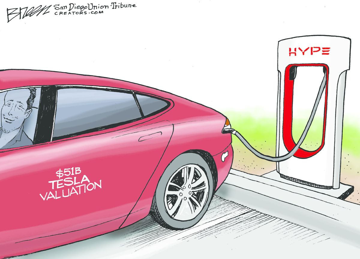 Editorial Cartoon U.S. Elon Musk Tesla valuation hype | The Week