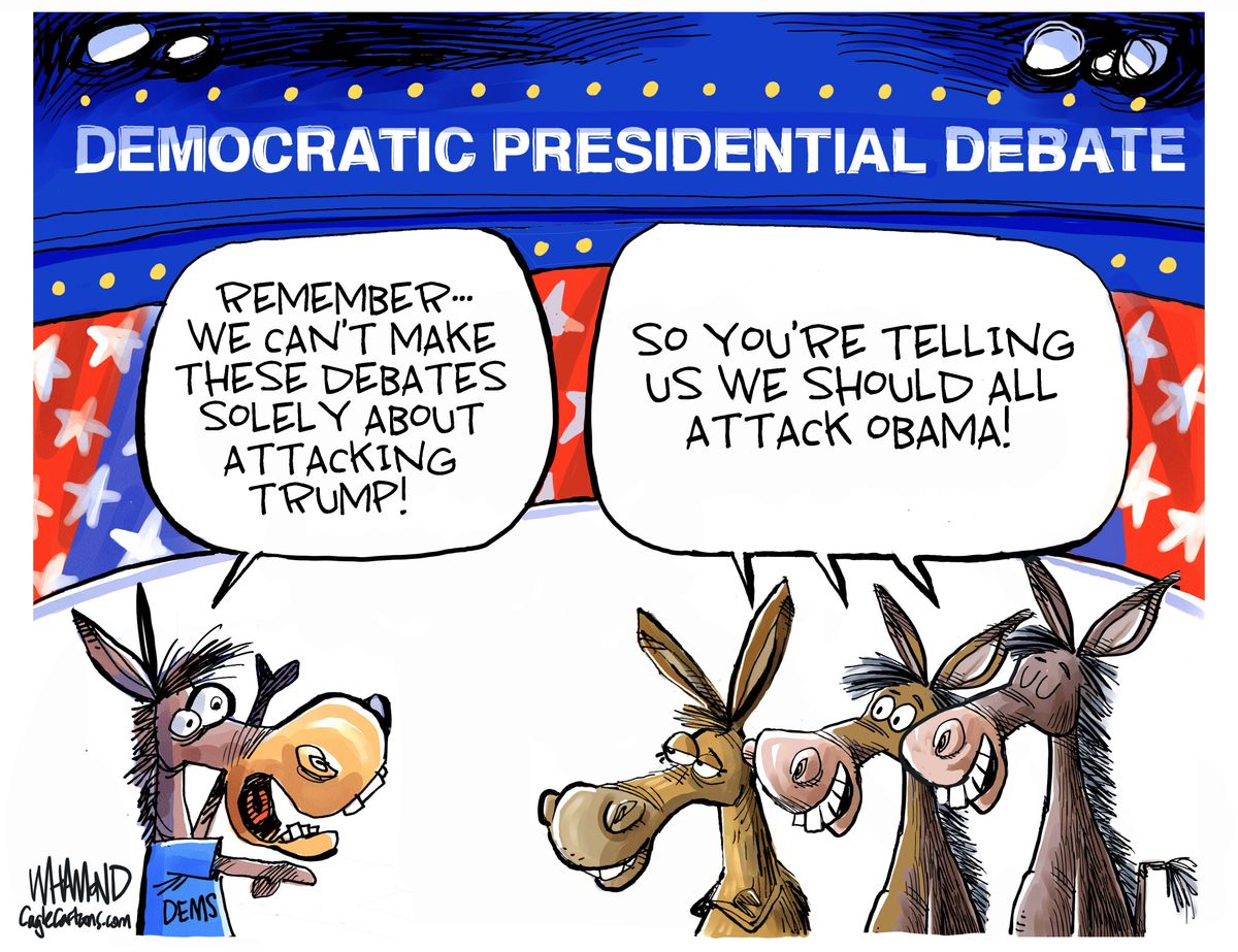 Political Cartoon U.S. Democrats debate Trump Obama | The Week